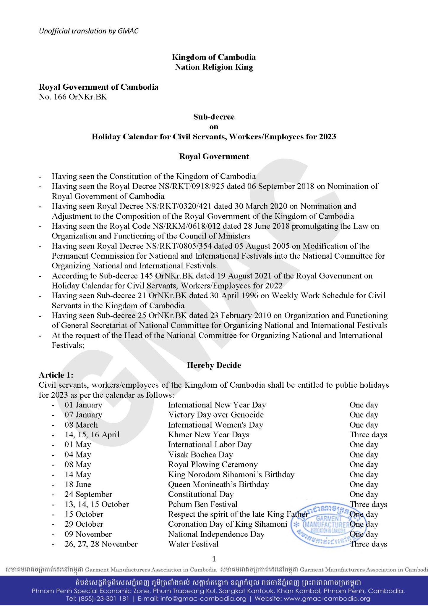 Sub decree On Holiday Calendar For Civil Servants Workers Employees